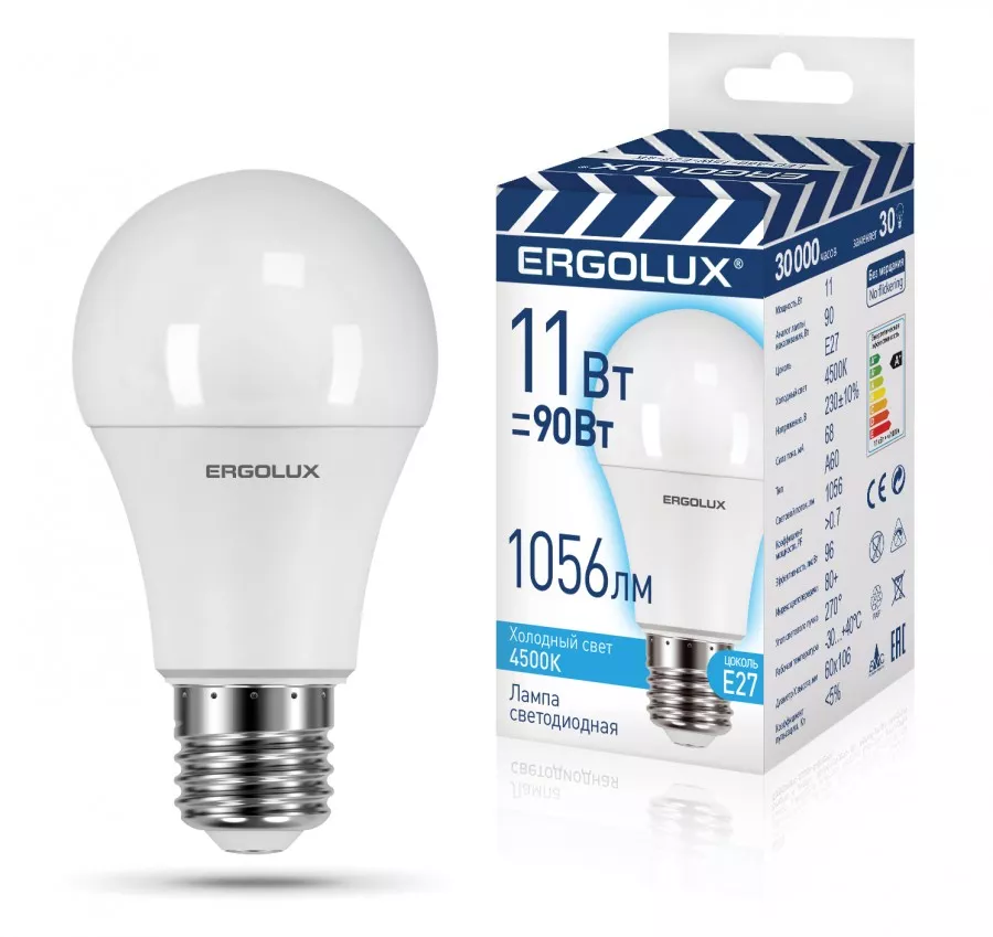 Ergolux ПРОМО ЛОН A60 E27 11W(1056lm 270°) 4500K 4K матовая 106x60 пластик/алюм. LED-A60-11W-E27-4K