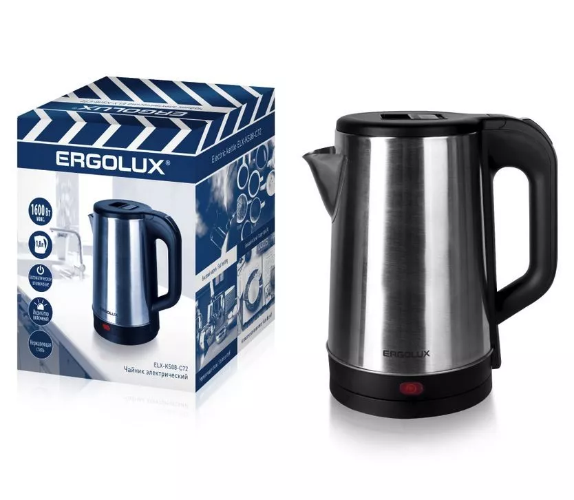 Чайник электр. ERGOLUX ELX-KS08-C72 ПРОМО нерж.сталь/пластик, диск 1.8л ...