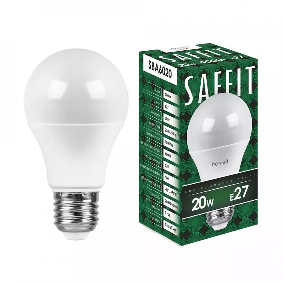 Saffit лампа ЛОН A60 E27 20W(1900lm) 4000K 4K матовая 112x60 SBA6020 55014